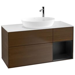 Villeroy & Boch Villeroy und Boch Finion Waschtischunterschrank G951PDGN 120cm, Abdeckplatte white matt, Emotion, Regale Black matt lacquer, Walnut veneer
