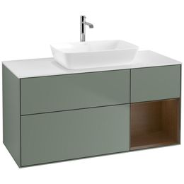 Villeroy & Boch Villeroy und Boch Finion Waschtischunterschrank F831GNGM 120cm, Abdeckplatte white matt, Regale Walnut Veneer, Olive Matt Lacquer