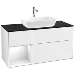 Villeroy & Boch Villeroy und Boch Finion Waschtischunterschrank G822GFGF 120cm, Abdeckplatte black matt, Emotion, Regale Glossy white lacquer, Glossy white lacquer