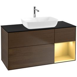 Villeroy & Boch Villeroy und Boch Finion Waschtischunterschrank F832HFGN 120cm, Abdeckplatte black matt, Regale Gold matt lacquer, Walnut veneer