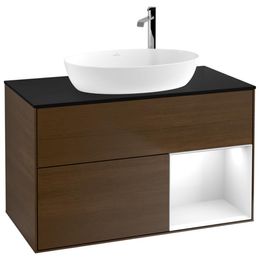 Villeroy & Boch Villeroy und Boch Finion Waschtischunterschrank F902GFGN 100cm, Abdeckplatte black matt, Regale Glossy white lacquer, Walnut veneer