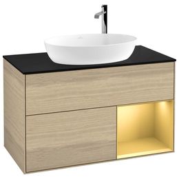 Villeroy & Boch Villeroy und Boch Finion Waschtischunterschrank F902HFPC 100cm, Abdeckplatte black matt, Regale Gold matt lacquer, Oak Veneer