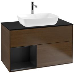 Villeroy & Boch Villeroy und Boch Finion Waschtischunterschrank F772PDGN 100cm, Abdeckplatte black matt, Regale Black matt lacquer, Walnut veneer