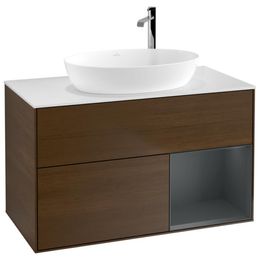 Villeroy & Boch Villeroy und Boch Finion Waschtischunterschrank F901HGGN 100cm, Abdeckplatte white matt, Regale Midnight matt lacquer, Walnut veneer