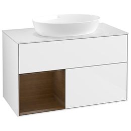 Villeroy & Boch Villeroy und Boch Finion Waschtischunterschrank GA11GNGF 100cm, Abdeckplatte white matt, Emotion, Regale Walnut Veneer, Glossy white lacquer