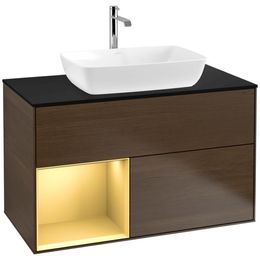 Villeroy & Boch Villeroy und Boch Finion Waschtischunterschrank F772HFGN 100cm, Abdeckplatte black matt, Regale Gold matt lacquer, Walnut veneer