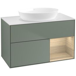Villeroy & Boch Villeroy und Boch Finion Waschtischunterschrank FA21PCGM 100cm, Abdeckplatte white matt, Regale Oak Veneer, Olive Matt Lacquer