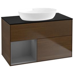 Villeroy & Boch Villeroy und Boch Finion Waschtischunterschrank GA12GKGN 100cm, Abdeckplatte black matt, Emotion, Regale Anthracite matt lacquer, Walnut veneer