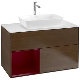 Villeroy & Boch Villeroy und Boch Finion Waschtischunterschrank F771HBGN 100cm, Abdeckplatte white matt, Regale Peony matt lacquer, Walnut veneer