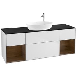 Villeroy & Boch Villeroy und Boch Finion Waschtischunterschrank F982GNMT 160cm, Abdeckplatte black matt, Regale Walnut Veneer, White matt lacquer