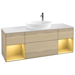 Villeroy & Boch Villeroy und Boch Finion Waschtischunterschrank F981HFPC 160cm, Abdeckplatte white matt, Regale Gold matt lacquer, Oak Veneer