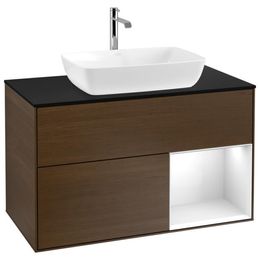 Villeroy & Boch Villeroy und Boch Finion Waschtischunterschrank G782GFGN 100cm, Abdeckplatte black matt, Emotion, Regale Glossy white lacquer, Walnut veneer