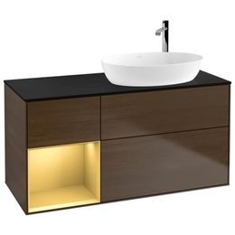 Villeroy & Boch Villeroy und Boch Finion Waschtischunterschrank F922HFGN 120cm, Abdeckplatte black matt, Regale Gold matt lacquer, Walnut veneer