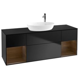 Villeroy & Boch Villeroy und Boch Finion Waschtischunterschrank G982GNPD 160cm, Abdeckplatte black matt, Emotion, Regale Walnut Veneer, Black matt lacquer