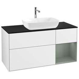 Villeroy & Boch Villeroy und Boch Finion Waschtischunterschrank G832GMGF 120cm, Abdeckplatte black matt, Emotion, Regale Olive matt lacquer, Glossy white lacquer