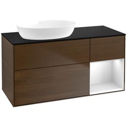Villeroy & Boch Villeroy und Boch Finion Waschtischunterschrank FA52MTGN 120cm, Abdeckplatte black matt, Regale White matt lacquer, Walnut veneer