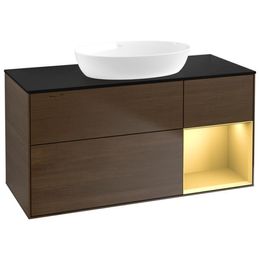 Villeroy & Boch Villeroy und Boch Finion Waschtischunterschrank FA72HFGN 120cm, Abdeckplatte black matt, Regale Gold matt lacquer, Walnut veneer