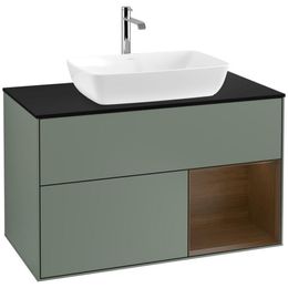 Villeroy & Boch Villeroy und Boch Finion Waschtischunterschrank F782GNGM 100cm, Abdeckplatte black matt, Regale Walnut Veneer, Olive Matt Lacquer