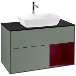 Villeroy & Boch Villeroy und Boch Finion Waschtischunterschrank F782HBGM 100cm, Abdeckplatte black matt, Regale Peony matt lacquer, Olive Matt Lacquer