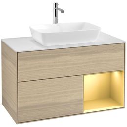 Villeroy & Boch Villeroy und Boch Finion Waschtischunterschrank F781HFPC 100cm, Abdeckplatte white matt, Regale Gold matt lacquer, Oak Veneer