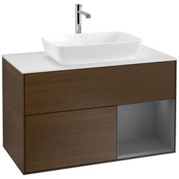 Villeroy & Boch Villeroy und Boch Finion Waschtischunterschrank F781GKGN 100cm, Abdeckplatte white matt, Regale Anthracite matt lacquer, Walnut veneer