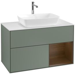 Villeroy & Boch Villeroy und Boch Finion Waschtischunterschrank F781GNGM 100cm, Abdeckplatte white matt, Regale Walnut Veneer, Olive Matt Lacquer