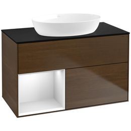 Villeroy & Boch Villeroy und Boch Finion Waschtischunterschrank FA12MTGN 100cm, Abdeckplatte black matt, Regale White matt lacquer, Walnut veneer