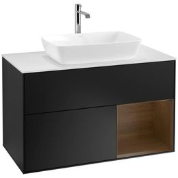 Villeroy & Boch Villeroy und Boch Finion Waschtischunterschrank F781GNPD 100cm, Abdeckplatte white matt, Regale Walnut Veneer, Black matt lacquer