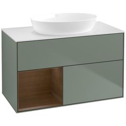 Villeroy & Boch Villeroy und Boch Finion Waschtischunterschrank FA11GNGM 100cm, Abdeckplatte white matt, Regale Walnut Veneer, Olive Matt Lacquer