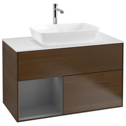 Villeroy & Boch Villeroy und Boch Finion Waschtischunterschrank G771GKGN 100cm, Abdeckplatte white matt, Emotion, Regale Anthracite matt lacquer, Walnut veneer