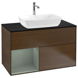 Villeroy & Boch Villeroy und Boch Finion Waschtischunterschrank G772GMGN 100cm, Abdeckplatte black matt, Emotion, Regale Olive matt lacquer, Walnut veneer