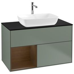 Villeroy & Boch Villeroy und Boch Finion Waschtischunterschrank G772GNGM 100cm, Abdeckplatte black matt, Emotion, Regale Walnut Veneer, Olive Matt Lacquer