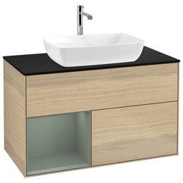 Villeroy & Boch Villeroy und Boch Finion Waschtischunterschrank G772GMPC 100cm, Abdeckplatte black matt, Emotion, Regale Olive matt lacquer, Oak Veneer