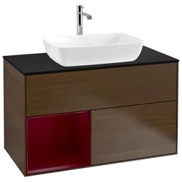 Villeroy & Boch Villeroy und Boch Finion Waschtischunterschrank G772HBGN 100cm, Abdeckplatte black matt, Emotion, Regale Peony matt lacquer, Walnut veneer