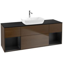 Villeroy & Boch Villeroy und Boch Finion Waschtischunterschrank F862PDGN 160cm, Abdeckplatte black matt, Regale Black matt lacquer, Walnut veneer