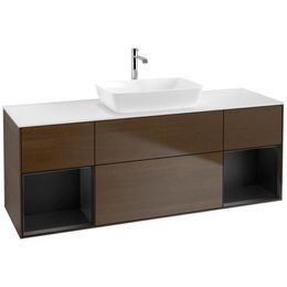 Villeroy & Boch Villeroy und Boch Finion Waschtischunterschrank F861PDGN 160cm, Abdeckplatte white matt, Regale Black matt lacquer, Walnut veneer