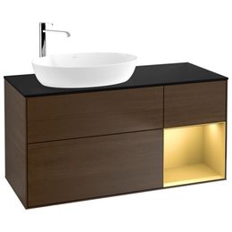 Villeroy & Boch Villeroy und Boch Finion Waschtischunterschrank G932HFGN 120cm, Abdeckplatte black matt, Emotion, Regale Gold matt lacquer, Walnut veneer