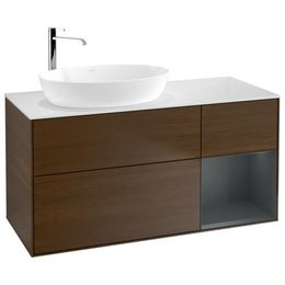 Villeroy & Boch Villeroy und Boch Finion Waschtischunterschrank F931HGGN 120cm, Abdeckplatte white matt, Regale Midnight matt lacquer, Walnut veneer