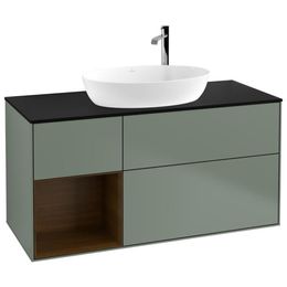 Villeroy & Boch Villeroy und Boch Finion Waschtischunterschrank F942GNGM 120cm, Abdeckplatte black matt, Regale Walnut Veneer, Olive Matt Lacquer