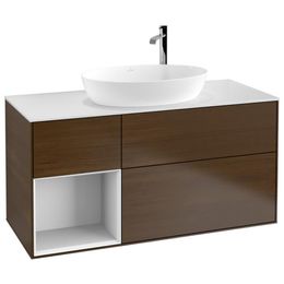 Villeroy & Boch Villeroy und Boch Finion Waschtischunterschrank F941GFGN 120cm, Abdeckplatte white matt, Regale Glossy white lacquer, Walnut veneer