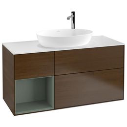 Villeroy & Boch Villeroy und Boch Finion Waschtischunterschrank F941GMGN 120cm, Abdeckplatte white matt, Regale Olive matt lacquer, Walnut veneer