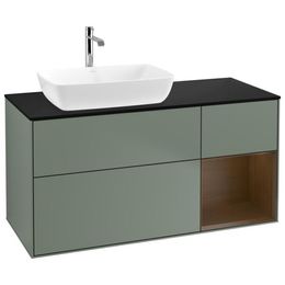 Villeroy & Boch Villeroy und Boch Finion Waschtischunterschrank G812GNGM 120cm, Abdeckplatte black matt, Emotion, Regale Walnut Veneer, Olive Matt Lacquer