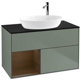 Villeroy & Boch Villeroy und Boch Finion Waschtischunterschrank F892GNGM 100cm, Abdeckplatte black matt, Regale Walnut Veneer, Olive Matt Lacquer