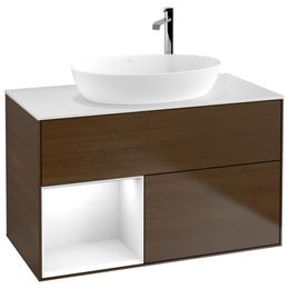 Villeroy & Boch Villeroy und Boch Finion Waschtischunterschrank F891GFGN 100cm, Abdeckplatte white matt, Regale Glossy white lacquer, Walnut veneer