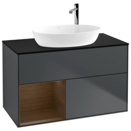 Villeroy & Boch Villeroy und Boch Finion Waschtischunterschrank F892GNHG 100cm, Abdeckplatte black matt, Regale Walnut Veneer, Midnight Blue Matt Lacquer