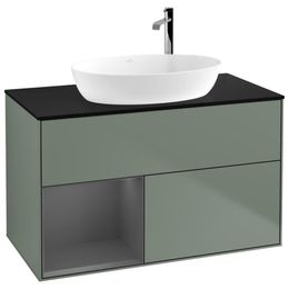 Villeroy & Boch Villeroy und Boch Finion Waschtischunterschrank F892GKGM 100cm, Abdeckplatte black matt, Regale Anthracite matt lacquer, Olive Matt Lacquer