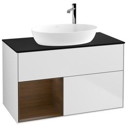 Villeroy & Boch Villeroy und Boch Finion Waschtischunterschrank F892GNMT 100cm, Abdeckplatte black matt, Regale Walnut Veneer, White matt lacquer