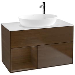 Villeroy & Boch Villeroy und Boch Finion Waschtischunterschrank F891GNGN 100cm, Abdeckplatte white matt, Regale Walnut Veneer, Walnut veneer