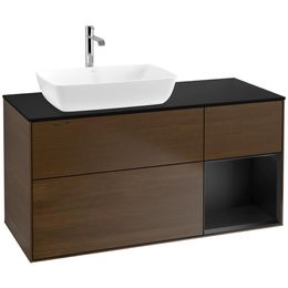 Villeroy & Boch Villeroy und Boch Finion Waschtischunterschrank F812PDGN 120cm, Abdeckplatte black matt, Regale Black matt lacquer, Walnut veneer