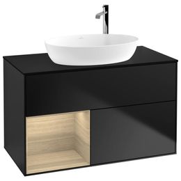 Villeroy & Boch Villeroy und Boch Finion Waschtischunterschrank F892PCPD 100cm, Abdeckplatte black matt, Regale Oak Veneer, Black matt lacquer